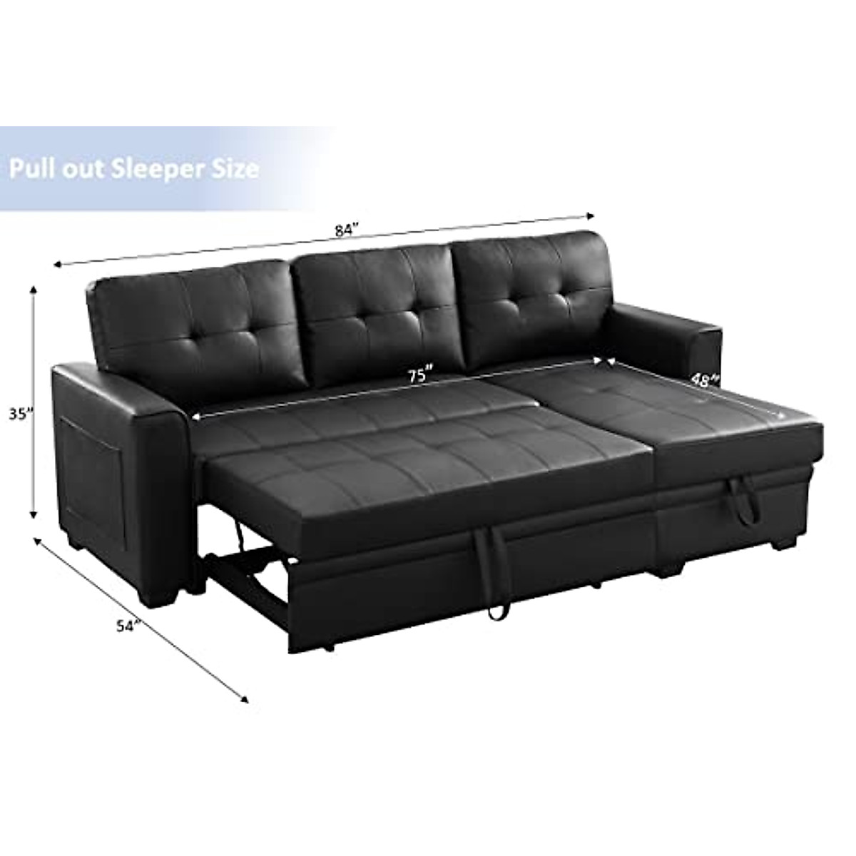 INFINI FURNISHINGS 84" Wide Sectional Sofa with Pull Out Sleeper Bed, Reversible Storage Chaise Lounge, Modern Tufted Line Design Sofabed, Faux Leather, Black