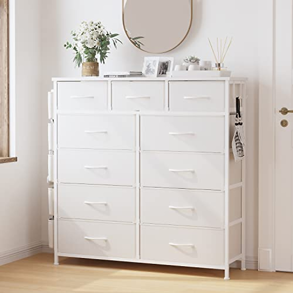 LIVEHOM 11 Dresser Drawer for Bedroom, Chest of Drawers with Side Pockets, Hooks, Fabric Storage Drawer, Steel Frame, Wood Top, Organizer Unit and Pull Handle for Closet, Nursery