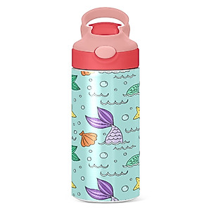 MCHIVER Mermaid Kids Water Bottle with Straw Insulated Stainless Steel Kids Water Bottle Thermos for School Girls Boys Leak Proof Cups 12 oz / 350 ml Pink Top