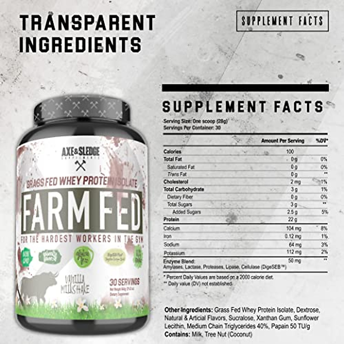 Axe & Sledge Supplements Grass-Fed Whey Protein Isolate, Digestive Enzymes, 22 Grams Protein, 30 Servings, Vanilla Milkshake