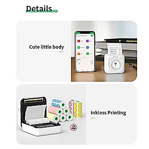 BISOFICE A6 Mini Pocket Printer Wireless BT Thermal Printer Picture Label Memo Receipt Paper Printer + 9 Rolls Color Thermal Paper + 3 Rolls Adhesive Sticker Paper 57 * 30mm