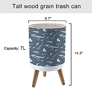 Small Trash Can with Lid Dinosaur Skeleton and Fossils Seamless Original Design with t rex Round Recycle Bin Press Top Dog Proof Wastebasket for Kitchen Bathroom Bedroom Office 7L/1.8 Gallon