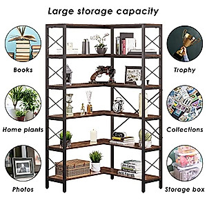 Wildhome 6-Shelf Corner Bookshelf, Vintage Industrial Corner Bookshelf Etagere Bookcase, Large Book Shelf with Metal Frame Open Storage Corner Cabinet for Living Room Home Office（Retro Brown）