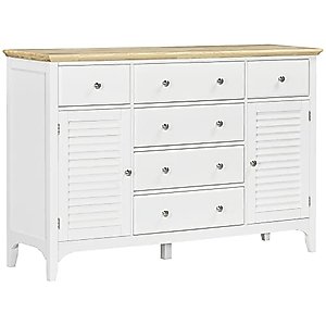 HOMCOM Modern Sideboard with Drawers, Buffet Cabinet with Storage Cabinets, Rubberwood Top and Adjustable Shelves for Living Room, Kitchen, TV Stand up to 60 Inches, White