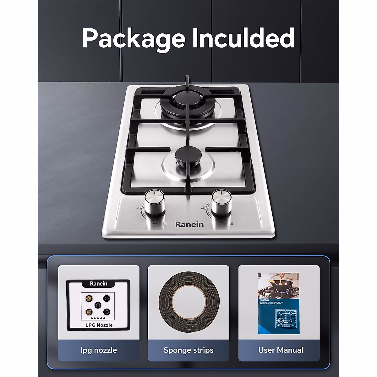 Ranein 2-Burner Gas Cooktop, 12-Inch Gas Stove Top Compatible with Thermocouple Protection, Built-in Gas Stove, 304 Stainless Steel Panel, Compatible with NG&LPG for Apartment and Indoor