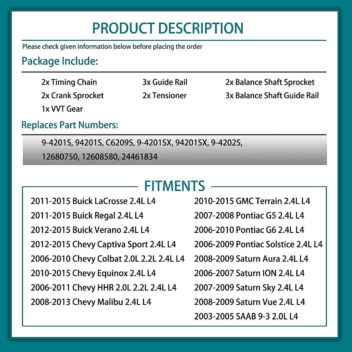 Timing Chain Kit with Tensioner Guide Rail Crank Sprocket Balance Shaft Sprocket | for 2.0L 2.2L 2.4L GM Buick Chevy GMC Pontiac Saturn | Replaces# 9-4201S, 9-4201SX, 9-4202S, 12680750
