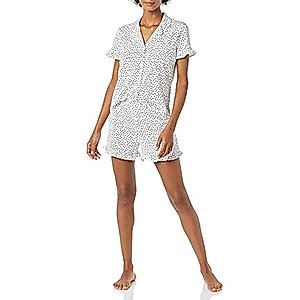 Amazon Essentials Women's Cotton Modal Piped Notch Collar Pajama Set (Available in Plus Size), White Dots Print, Small