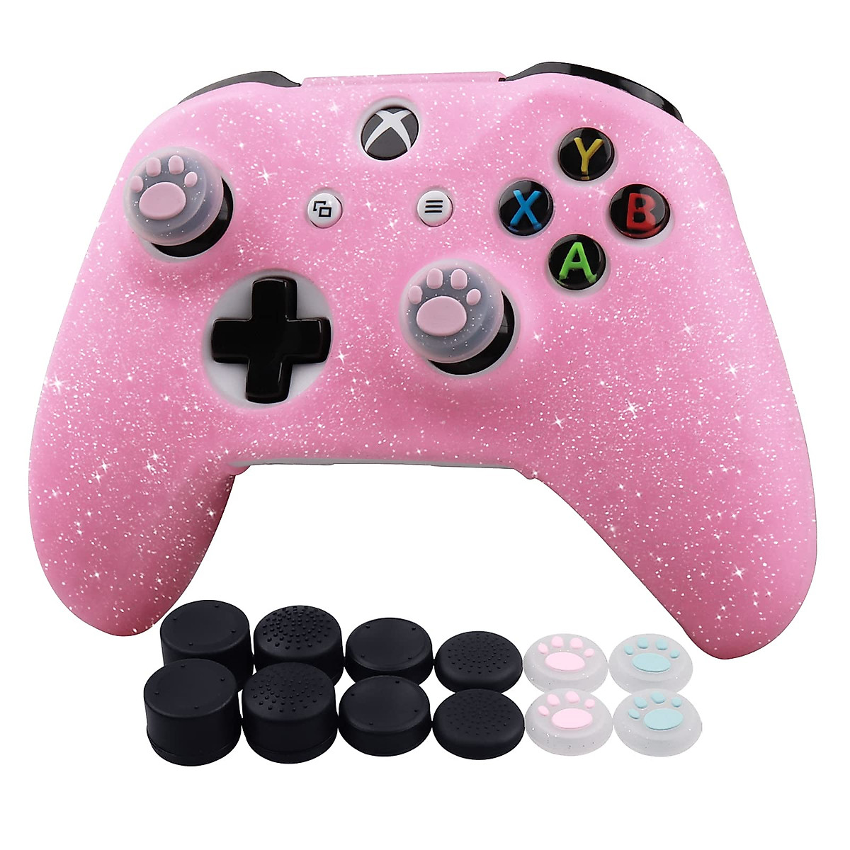 RALAN Glitter Controller Skin for Xbox One, Anti-Slip Silicone Controller Cover Protector Compatible for Xbox 1 Wireless/Wired Gamepad Joystick with 4 Thumb Grips Caps and Black Pro Thumb Grip x 8