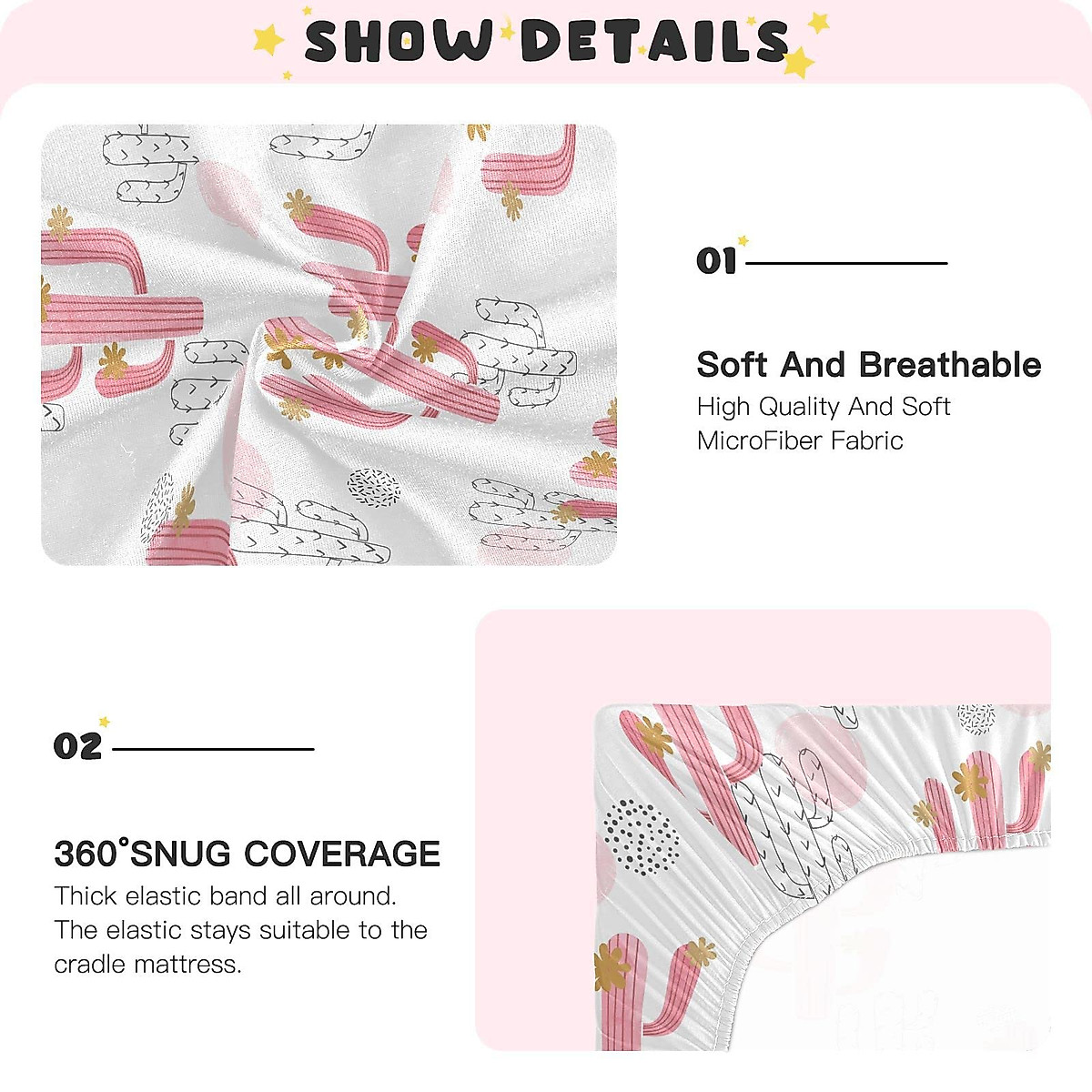 KICPOAY Fitted Crib Sheets Pink Cactus Stretchy Portable Playard Sheets for Baby Toddler, Breathable Soft Mini Crib Mattress 52 x 28 in for Boys and Girls