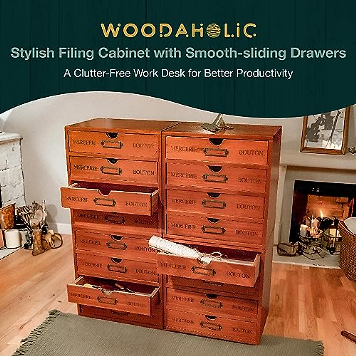 16-Drawer Wooden Storage Box (19.6”x6.89”x19.6”) VIntage Filing Cabinet in Walnut Wood - 16-Slot Wooden Desk Drawer Unit w/Label Holders & Handles - Multi Level Countertop Drawer Organizer