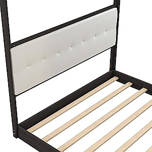 HAUSHECK King Size Canopy Bed with Upholstered Headboard, Four-Poster Queen Canopy Platform Bed Frame, Wood Floor Bed Frame with Sturdy Wooden Slatted Structure, No Box Spring Needed, Easy Assembly