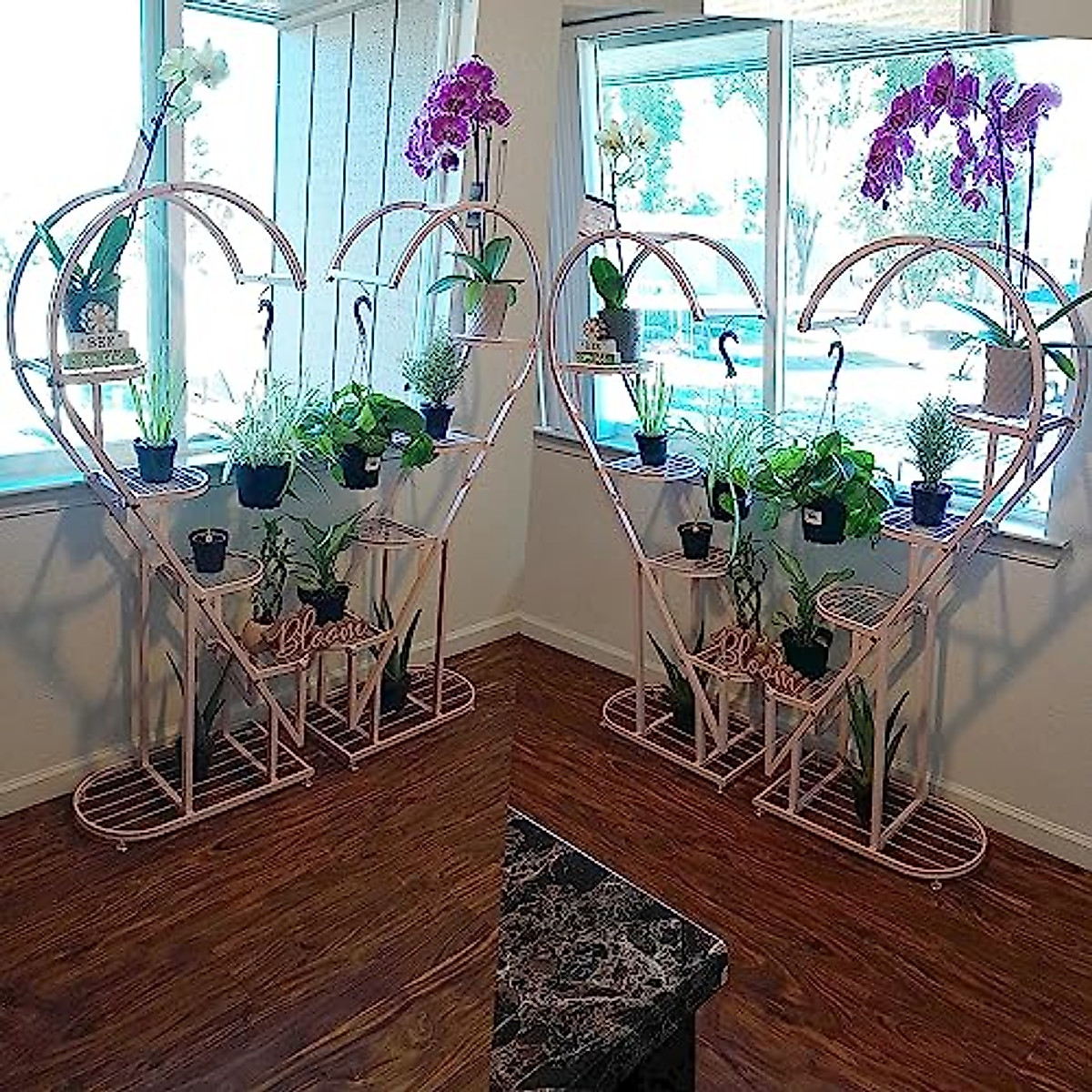 coutinfly Heart Shaped Plant Stands Outdoor, Pink Large Metal Plant Stand Indoor with Rack, 10 Tiered Tall Flower Stand Plant Shelves for Patio Lawn Garden Balcony Corner Plant Display(2 Pack)