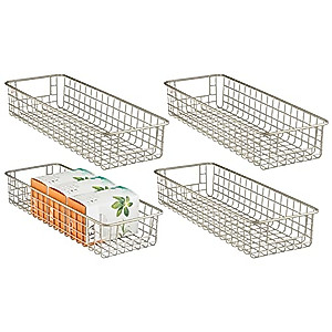 mDesign Metal Wire Food Storage Shallow Basket Organizer with Handles for Organizing Kitchen Cabinets, Pantry Shelf, Bathroom, Laundry Room, Closets, Garage - Concerto Collection - 4 Pack - Satin