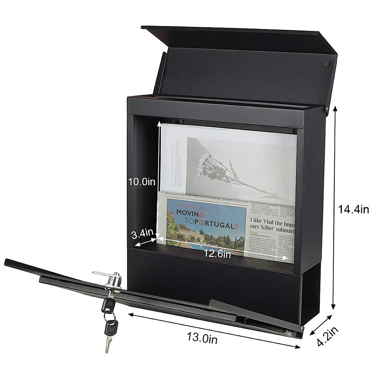 Decaller Metal Wall Mounted Mailboxes with Key Lock, Large Mail Box with Newspaper Compartment, Black, 13" x 14 2/5" x 4 1/5"