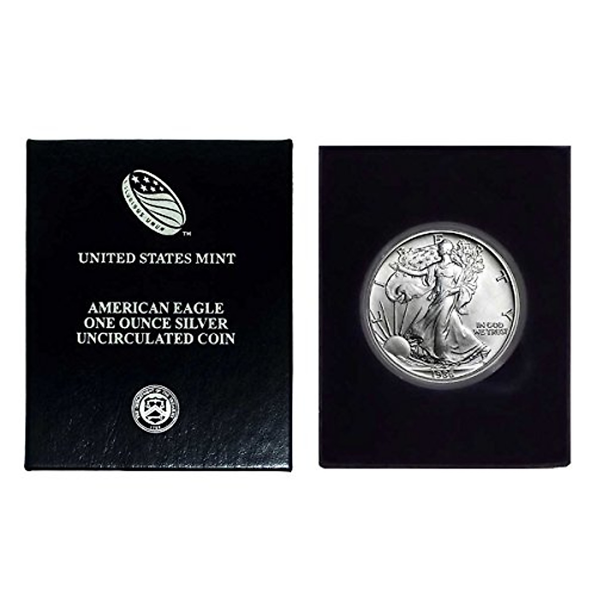 1986 - U.S. Silver Eagle in Plastic Air Tite in Magnet Close Black Gift Box - Gem Brilliant Uncirculated Dollar Uncirculated US Mint