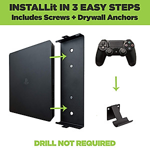 HIDEit Mounts 4S Bundle, Wall Mounts for PS4 Slim and Controllers, Steel Wall Mount for PlayStation 4 Slim and 2 Controller Mounts to Safely Store Your PS4 Slim and PlayStation Controller