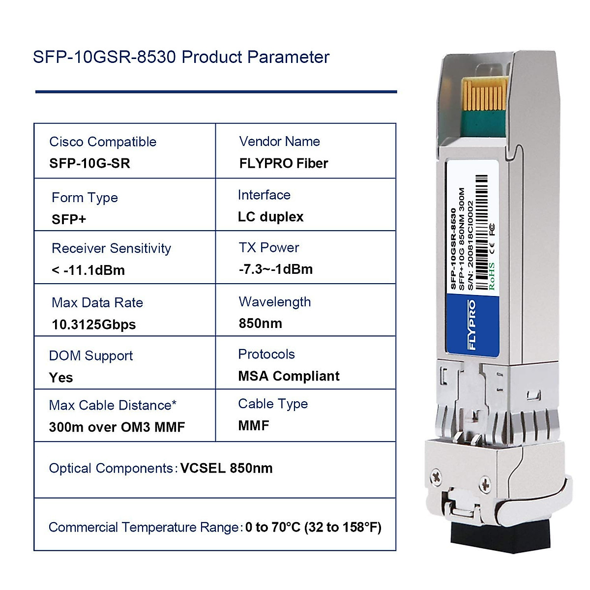 FLYPROFiber- 10GBase-SR SFP+ Transceiver, 10G MMF 850nm 300m LC Fiber Optics Multimode Module for Cisco, Ubiquiti UF-MM-10G, Meraki MA-SFP-10GB-SR, Mikrotik, Netgear, D-Link, TP-Link, Supermicro (DOM)