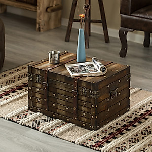 Vintiquewise Wooden Brown Storage Trunk with Faux Leather Straps and Handles, Large
