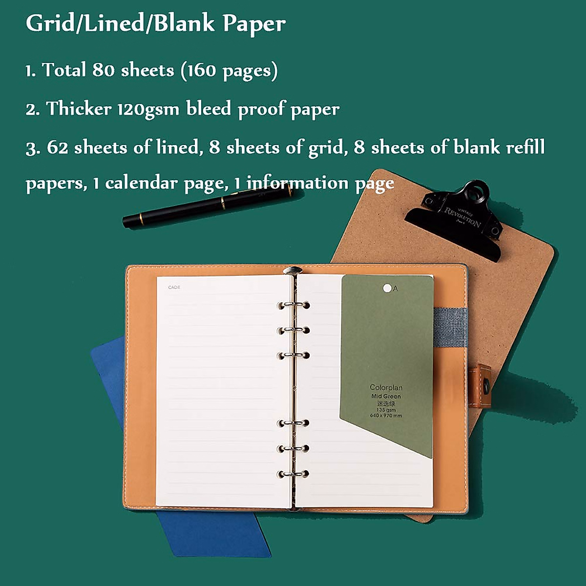 CAGIE A6 Refillable Faux Leather Traveler Notebook Binder Journals 6 Ring Binder Personal Organizer Travel Diary for Women Men Lined Grid Blank Paper with Calendar Light Khaki