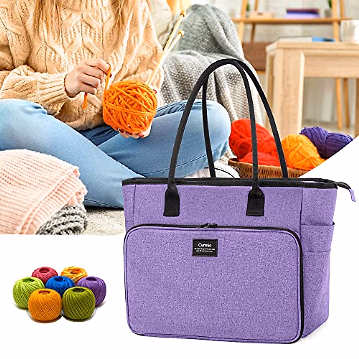 CURMIO Yarn Storage Bag, Knitting Bag for WIP Project, Crochet Hooks, Knitting Needles(up to 14"/35.5cm) and Yarn Skeins, Purple(Bag Only)
