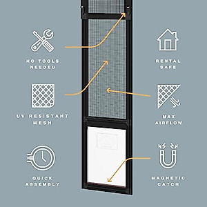 Hakuna Pets Patio Pet Door Screen Insert Panel for Sliding Doors, Fits Door Track Min Ht 61.02" to Max Ht 84.25", UV Resistant Mesh, Locking Magnetic Dog Door, Easy Install and Removal, Medium, Black