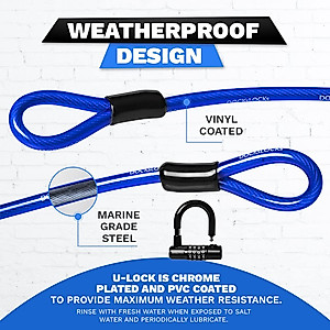 DocksLocks Security Cable Lock Set (5ft to 25ft Lengths) – Weatherproof, Looped Ends, Coiled, Compact, Includes U-Lock, Anti-Theft for Bikes, Patio Furniture, Kayaks, Outdoor Equipment 20ft