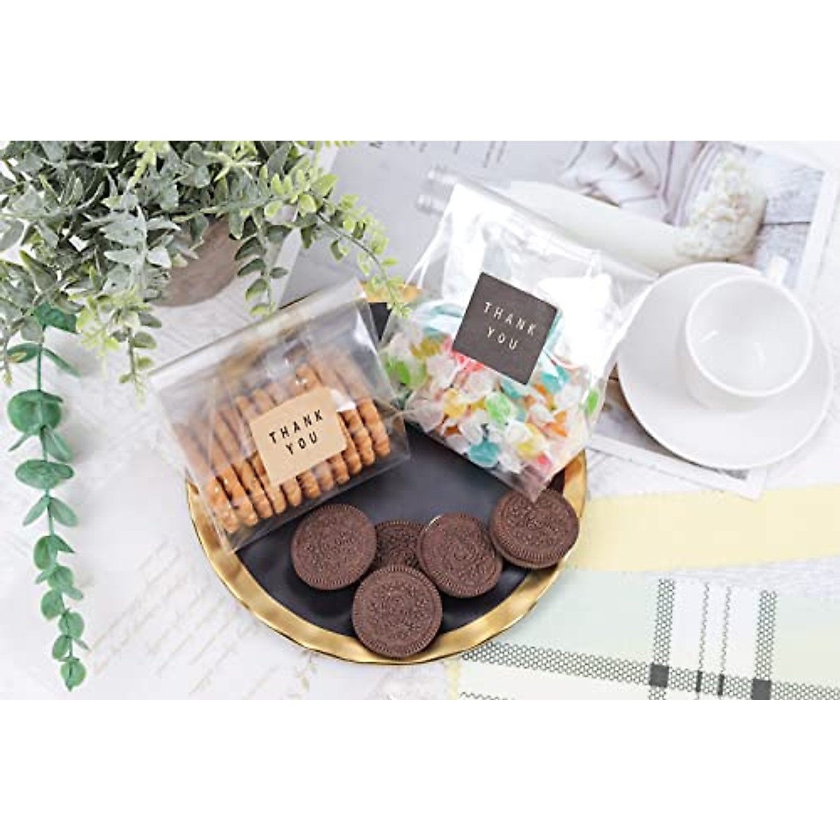 LOKQING Cellophane Treat Bags Cookie bags for Packaging Clear Gift Bags with Stickers for Cookies,Candy,Chocolates（Clear,9x4 INCH)