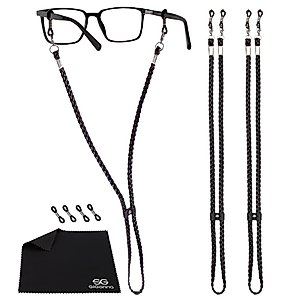 Eye Glass String Strap Holder - Premium ECO Leather Glass Strap - Eye Glass Chain Holder to Wear - Eyeglass Chain for Man Women - Eyeglass Strap Lanyard - 2 Cords (Black)
