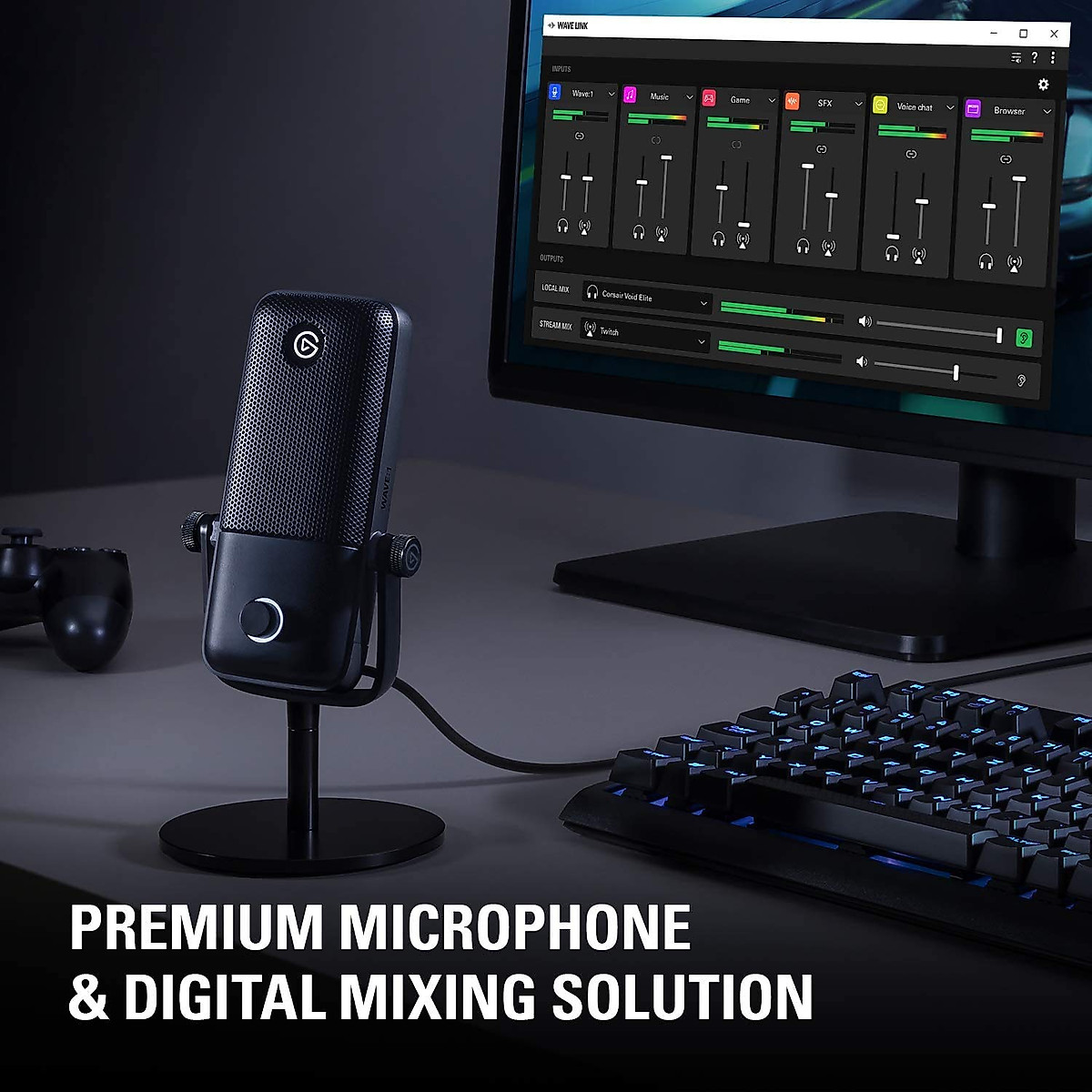 Elgato Wave:1 - Premium Cardioid USB Condenser Microphone for Streaming, Gaming, Home Office, Free Mixer Software, Sound Effect Plugins, Anti-Distortion, Plug & Play, Mac/PC, Stream Deck compatible