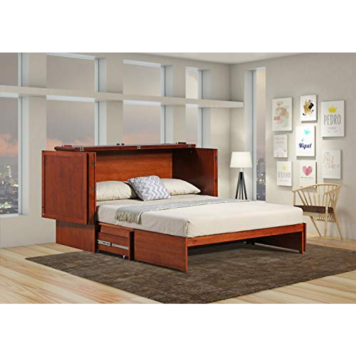 Mega Solutions Emurphybed Paradiseo Murphy Cabinet Chest Bed with Charging Station 8 Inch, Queen (Cherry)