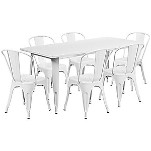 Flash Furniture Commercial Grade 31.5" x 63" Rectangular White Metal Indoor-Outdoor Table Set with 6 Stack Chairs