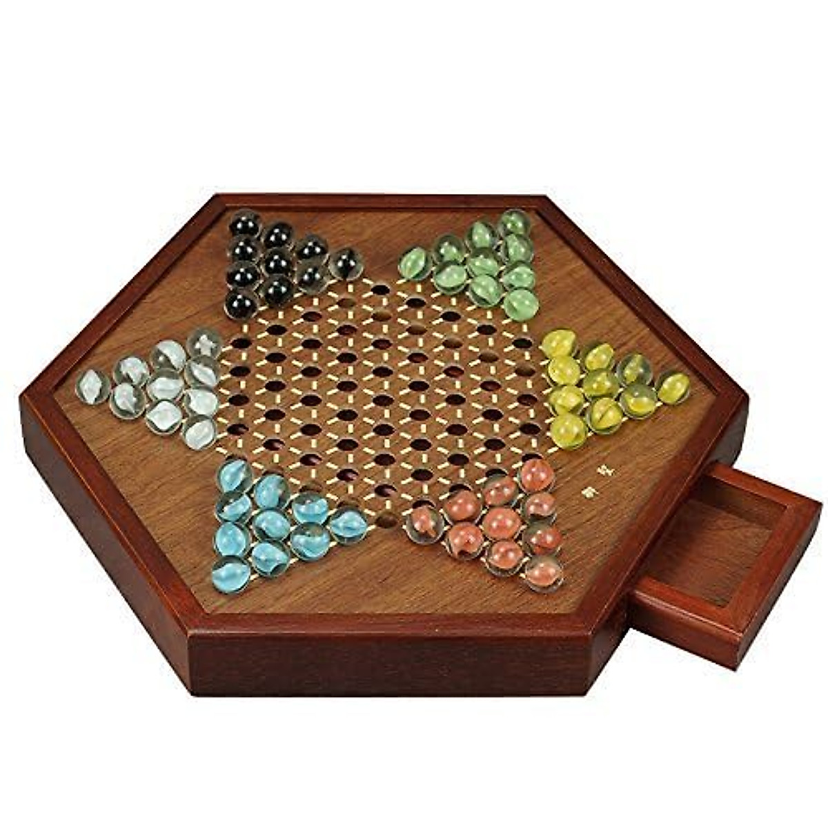 Younglingn 12.5" All Natural Wood Chinese Checkers with Storage Drawer and Glass Marbles Checkers Board Games for Family