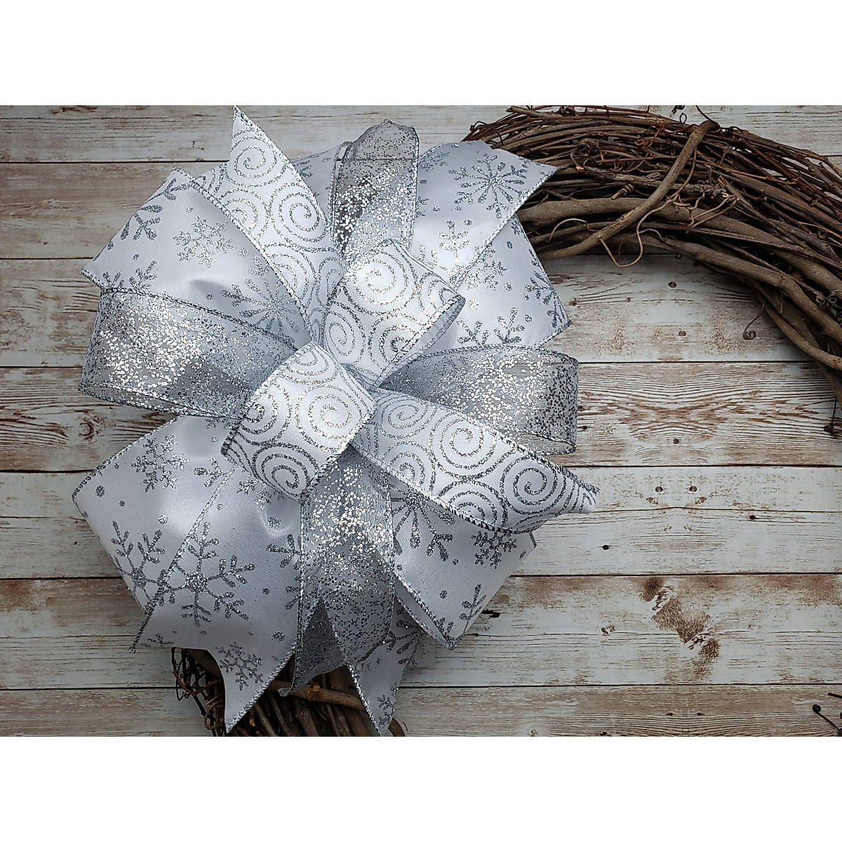 Christmas Winter Silver White Snowflake Bow for Wreath 10 inches