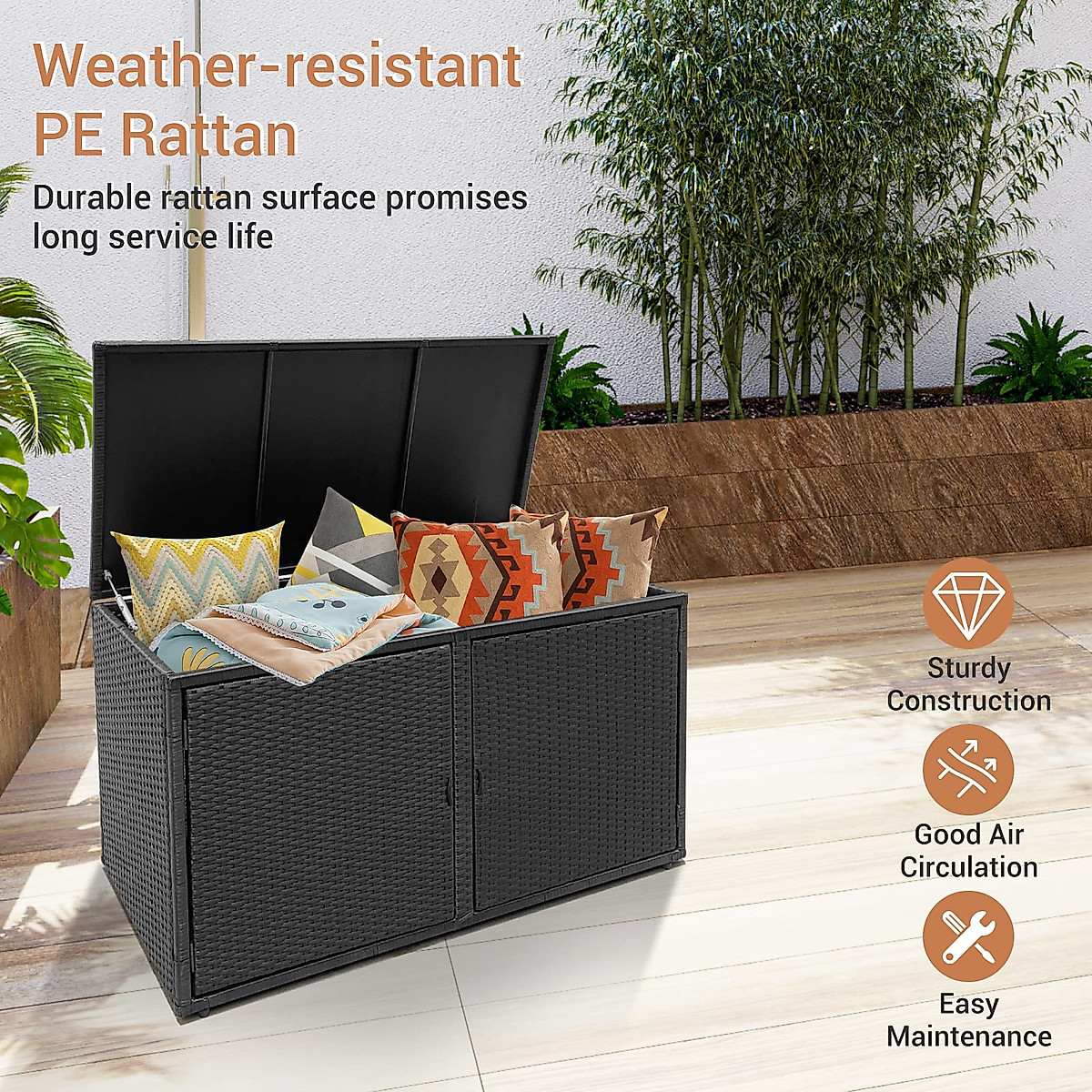 RELAX4LIFE PE Wicker Storage Box - Outdoor 88 Gallon 2-Tier Deck Box for Patio Furniture Toys Storage w/Lid & Front Doors, All Weather Rattan Storage Bin for Backyard Garden Poolside Porch (Black)