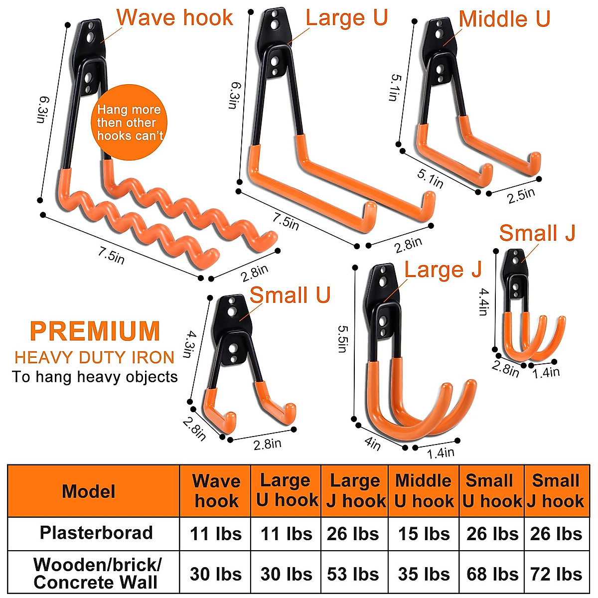 AOBEN Garage Hooks,24Pack Heavy Duty Garage Hanger Organizer Anti-Slip Double Wall Garage Storage Hooks for Ladder, Power Tool,Bike,Ropes (23 Hooks & 1 hoder Strap)-Orange