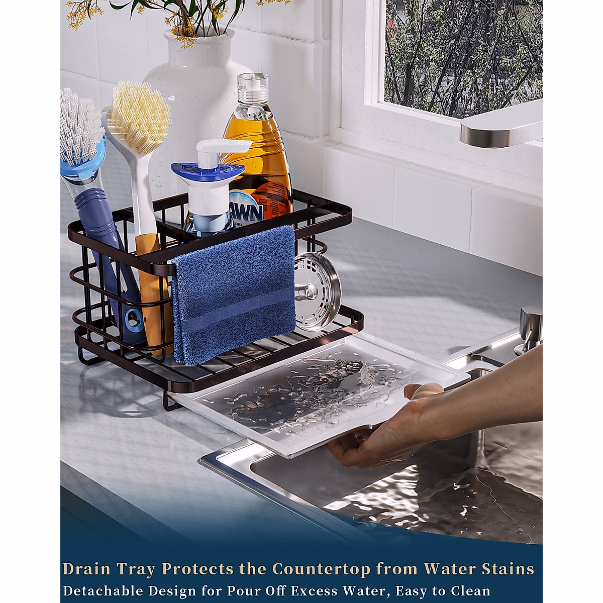 Consumest Sink Caddy, Sponge Holder for Kitchen Sink with Drip Tray, Non-Slip Kitchen Sink Organizer for Countertop, SUS304 Stainless Steel Rustproof Sink Rack - Bronze