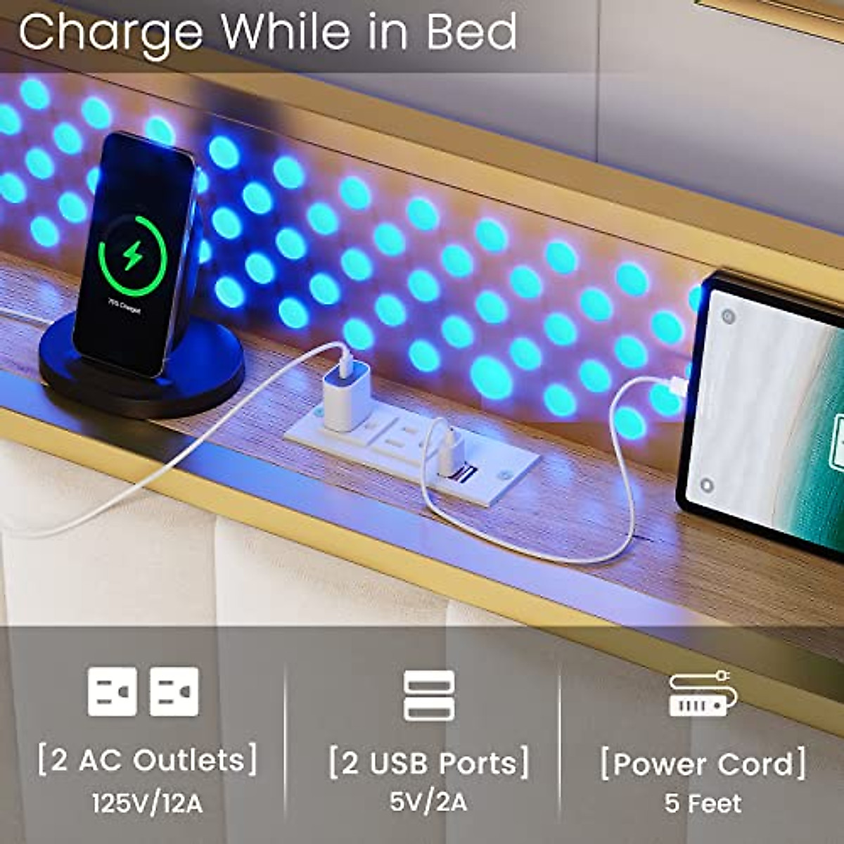 BTHFST Full Bed Frame with Storage Headboard & Drawers, LED Bed Frame with USB Ports & Outlets, Upholstered Full Size Platform Bed Frame, Creamy White & Gold