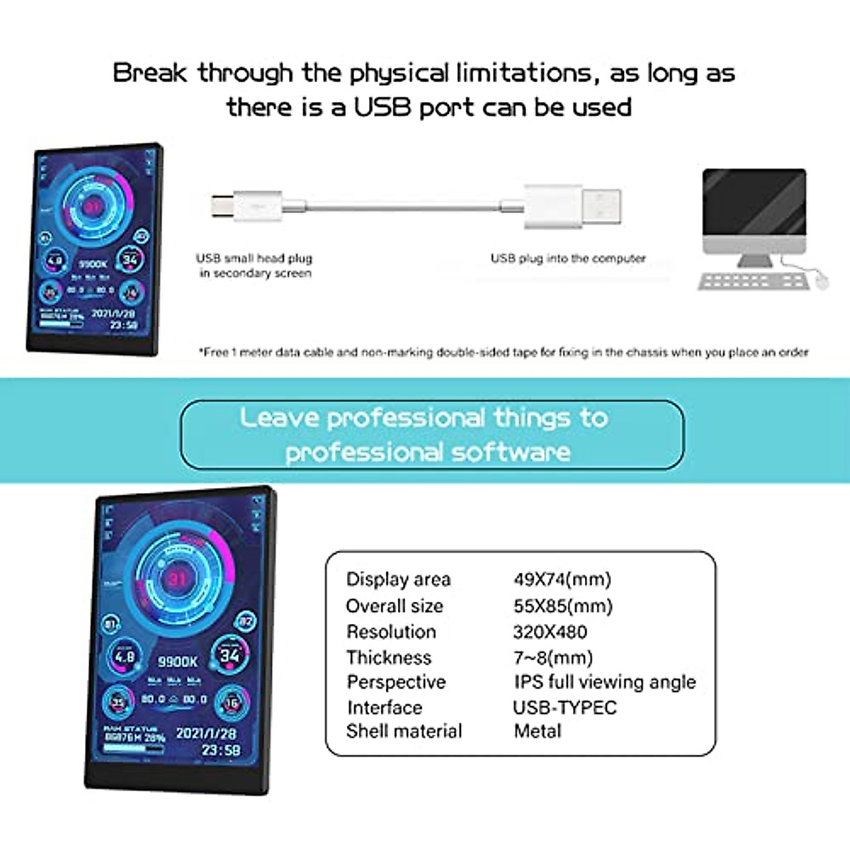 Display Screen, USB Simple Installation Mini Monitor Various Modes IPS Full View for Working