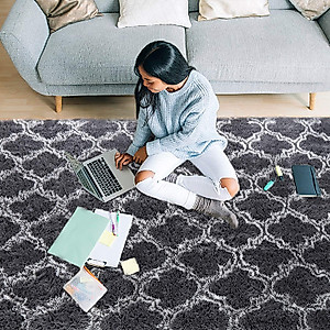 LOCHAS Luxury Shag Area Rug 8x10 Feet Geometric Plush Fluffy Rugs, Extra Soft Carpet Moroccan Rugs for Bedroom Living Room Dorm Kids, High Pile Shaggy Floor Rug Decor, Dark Grey and White