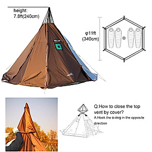 WINTENT 4 Season Teepee Tent with Stove Jack for Camping Hiking, Height 7.8FT/240CM (Brown, with Full Mesh Tent)