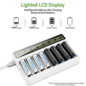 POWEROWL 8 Bay AA AAA Battery Charger with LCD Display (USB Quick Charging, Independent Slot) for Ni-MH Ni-CD Rechargeable Batteries