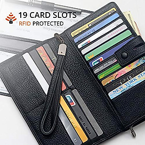 Bveyzi Women's Big Fat Rfid Leather Wristlet Wallet Organizer Large Phone Checkbook Holder with Zipper Pocket (Black)