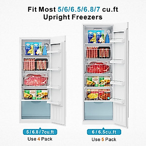 iSPECLE Freezer Organizer Bins - 4 Pack Small Freezer Bin for 5 / 6 / 6.5 / 6.8 / 7 cu.ft Standup Freezer Easy Get, Stop Food Fall out, Freezer Baskets for Upright Freezer Allow Air Circulation, White
