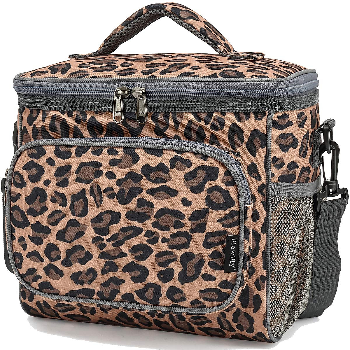 FlowFly Insulated Reusable Lunch Bag Adult Large Lunch Box for Women and Men with Adjustable Shoulder Strap,Front Zipper Pocket and Dual Large Mesh Side Pockets, Leopard