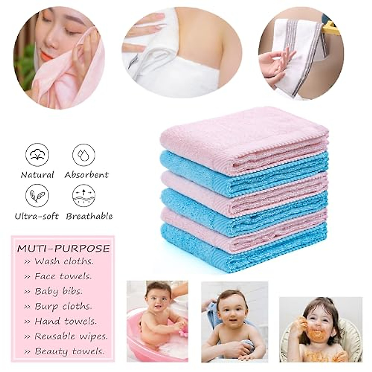 Mother-Earth 6-Pack Bath Washcloths 12"x12" - Soft and Absorbent Face Towels, Quick-Drying Wash Cloths for Sensitive Skin, Premium Quality for Daily Use (Blue-Pink)