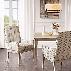 WEALTHOME Farmhouse High-Back Arm Dining Chairs with Bronze Nailhead Trim, Set of 2, Natural Linen-Blend Upholstery, Wheat Wood Finish