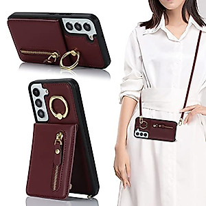 Jaorty Samsung Galaxy S21 5G Phone Case for Women with Card Holder,Crossbody Phone Case for Samsung Galaxy S21 with Strap Lanyard,Credit Card Slots Kickstand Case with Ring Holder,Burgundy