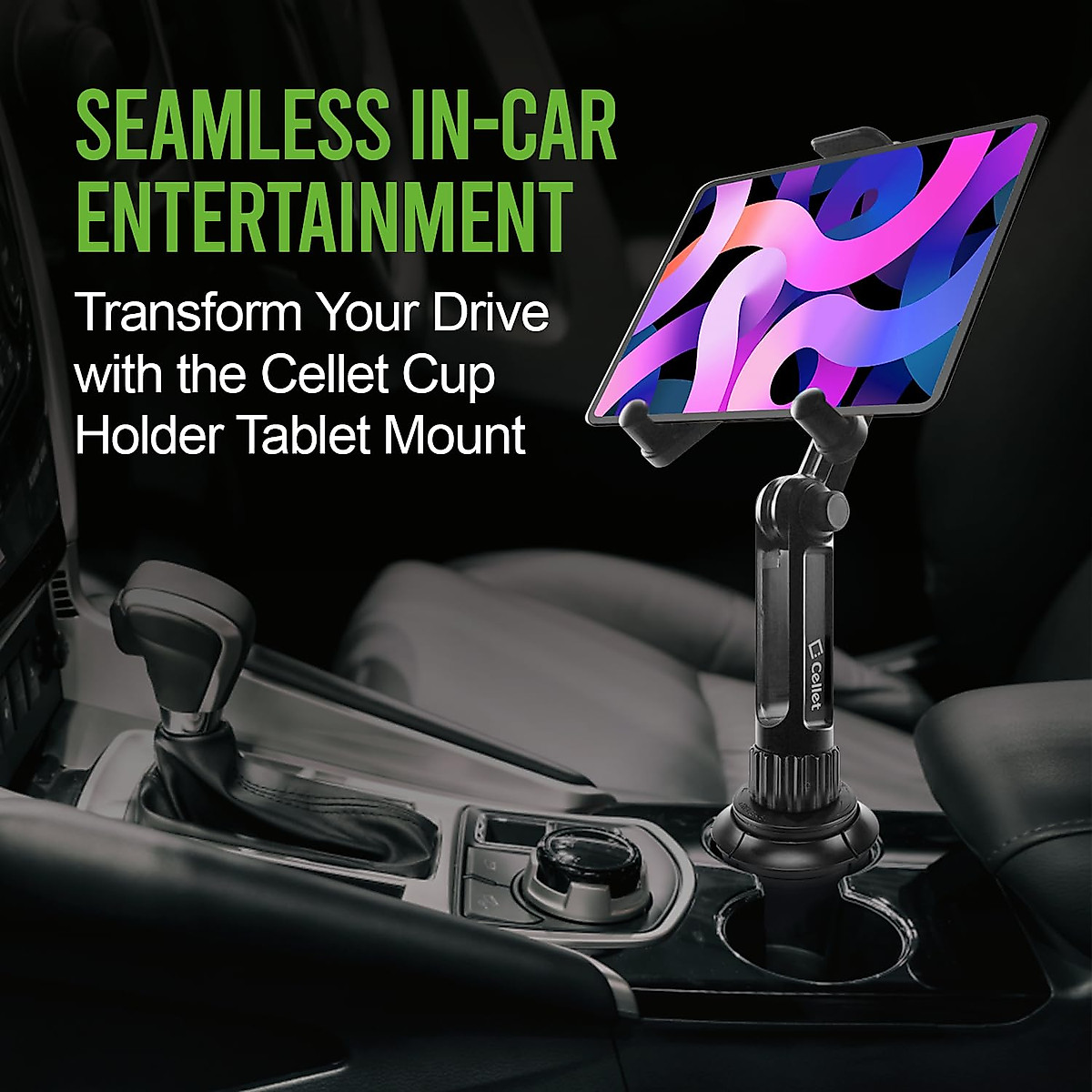 Car Tablet Mount with a Cup Holder Base Compatible for Apple iPad, iPad Pro, iPad Air, iPad Mini, Samsung Galaxy Tablet, Google Pixel Tablet, Amazon Kindle Fire and Smartphones