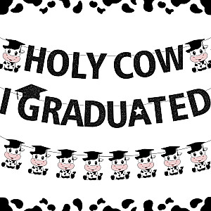 Cow Graduation Banner Holy Cow I Graduated Banner, Cow Congrats Graduation Decoration with Black Cap Pre-assembled Class Of 2023 Graduation Party Decoration Supplies for High School College