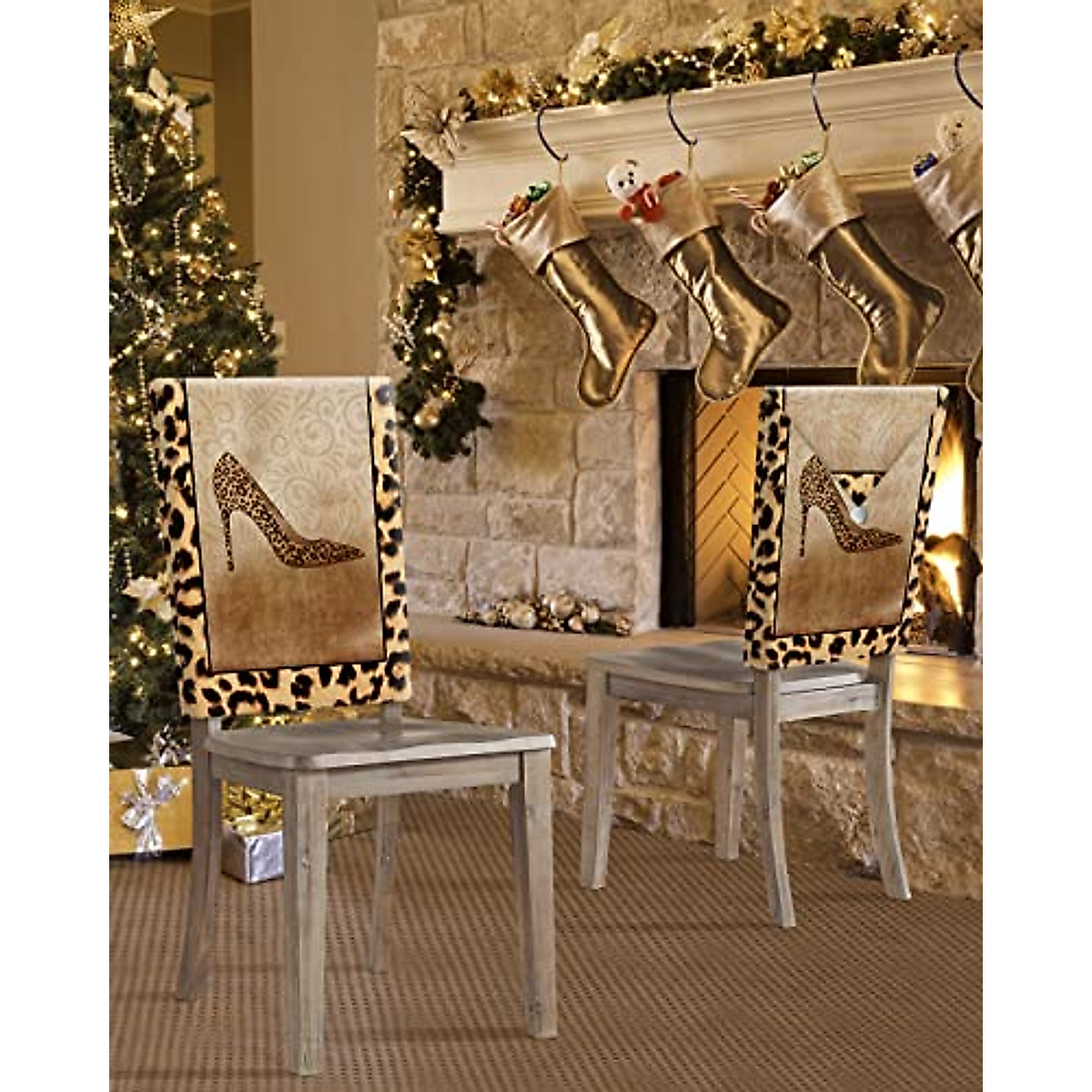 Leopard Print Christmas Chair Covers Santa Claus Hat Dining Chair Slipcover Xmas Chair Back Covers Set of 8 Banquet Party Holiday Festival Hotel Wedding Decor, Brown Animal Texture High Heels
